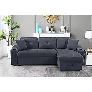 BIADNBZ Reversible Sectional Sleeper Sofa Bed L-Shaped Couch for Living Room/Apartment, with Storage Chaise, Side Pockets &Cup Holders, Dark Gray