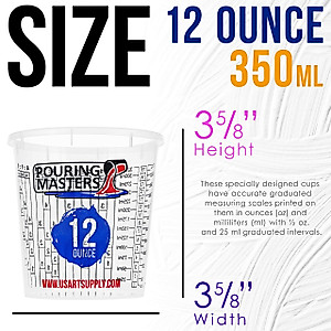Pouring Masters 12 Ounce (350ml) Graduated Plastic Mixing Cups (Box of 20) - Use for Paint, Resin, Epoxy, Art, Kitchen, Cooking, Baking - Measurements in OZ. and ML., 4 Different Measuring Ratios 1:1
