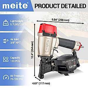 meite Roofing Nailer, Pneumatic Coil Roofing Nail Gun, Compatible with 15 Degree 7/8" to 1-3/4" Coil Roofing Nails, Lightweight Roofing Tools with Adjustable Nail Depth, Safety Switch (CN45R)