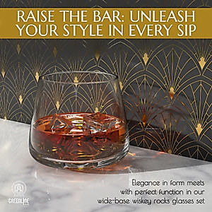 Greenline Goods Whiskey Glasses Set | Large 14 oz Crystal Glass | Hand Blown Set of 2 - Uniquely Designed Bourbon & Scotch Tasting Glasses - Old Fashioned Cocktail Rocks Wisky Glasses