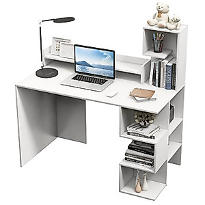 Tangkula White Desk with Storage Bookshelf & Hutch, 48” Modern Home Office Desk with 8 Storage Shelves, Space Saving Writing Study Desk for Bedroom, Compact Computer Workstation for Home