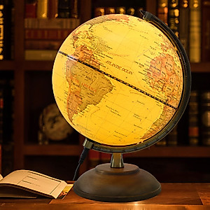 JOWHOL Illuminated Globe of the World with Wooden Stand, 8'' Vintage World Globe Built in LED Night Light, Antique Desktop Globe for Kids&Adults' Geography Learning, Decor for Home Office Classroom