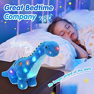 Houwsbaby 14" Blue Musical LED Dinosaur Stuffed Animal Floppy Diplodocus Plush Toy Singing Light Up Adorable Long Neck Lullaby Animated Soothe Baby Birthday Christmas Halloween for Kids Boy Toddlers