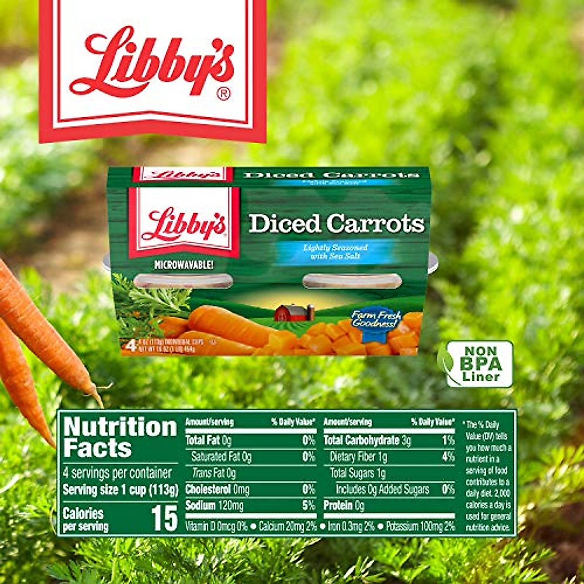 Libby's Diced Carrots | Appealingly Tender | Faintly Sweet & Earthy Flavor | Vibrant Orange Slices | Farm Fresh Goodness | No Preservatives | Six 4-pack sleeves of 4.0 oz cups (24 cups total)