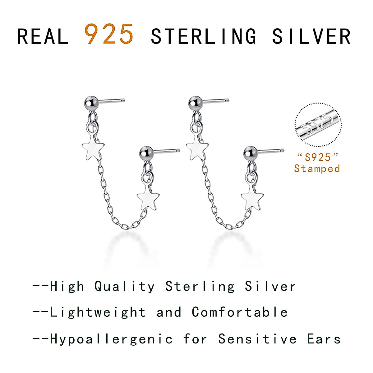 Reffeer 925 Sterling Silver Two Piercing Cute Ball Star Stud Chain Earrings Climber Ball Star Cuff Earrings Helix for Women Teen (Silver)