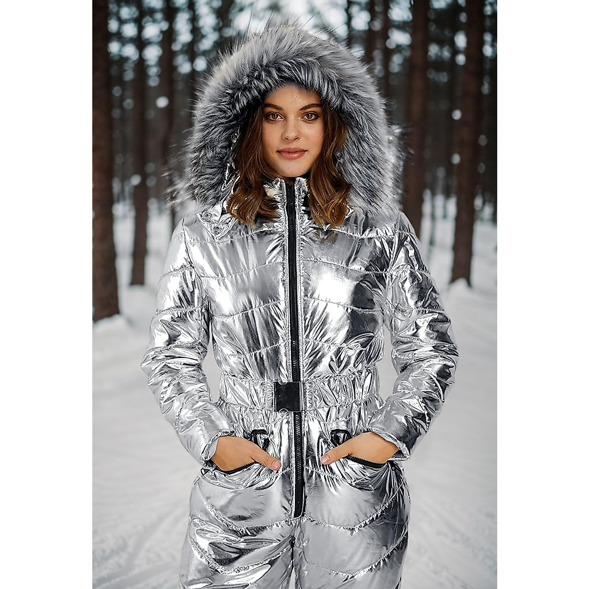 Aurgelmir Women Winter Ski Suit Fur Collar Coat Ski Jumpsuit Snowsuit