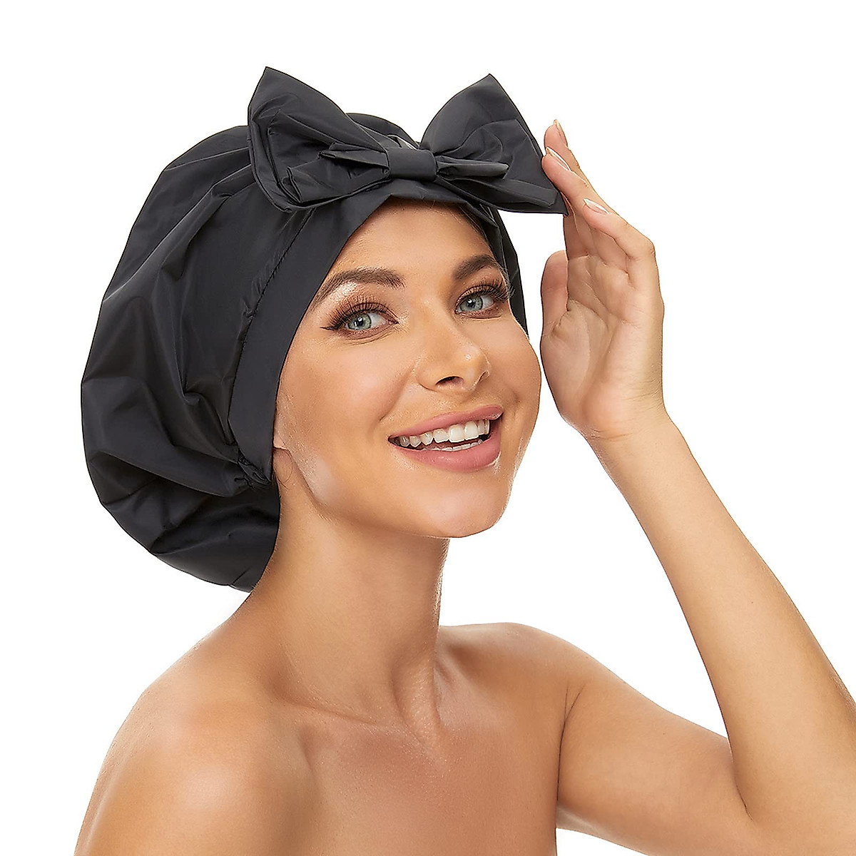 Aibilye Womens Black Shower Cap for Long Hair Extra Large Washable Reusable Waterproof Bathing Hair Cap Adjustable Elastic Band for All Hair Lengths