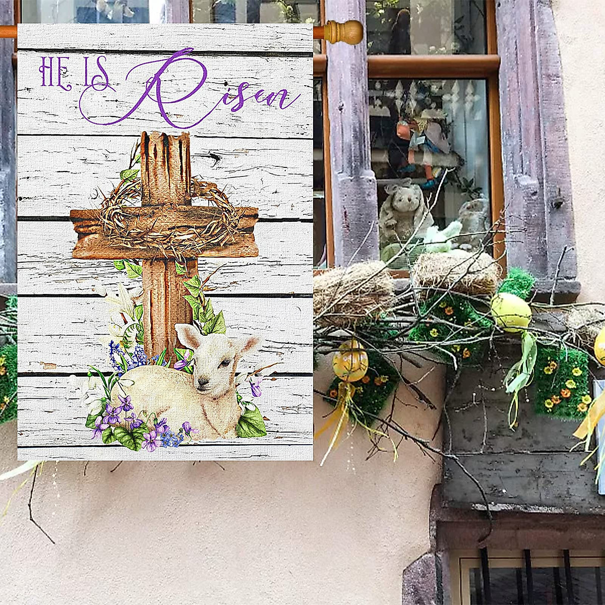 Surfapans He is Risen Easter House Flag 28x40 Inch Double Sided Outside Burlap Large Outdoor Easter Cross Spring Yard Flags Porch Home Holiday Decoration