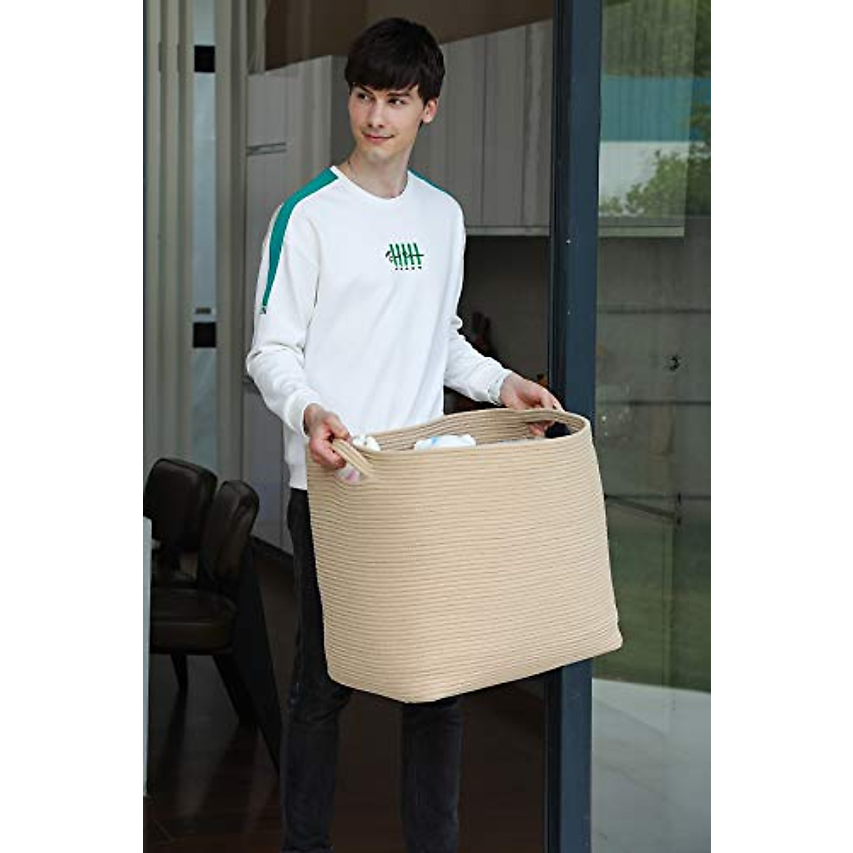 22"x14"x18" Mega Size Rectangular Extra Large Storage Basket, Cotton Rope Storage Baskets, All Beige