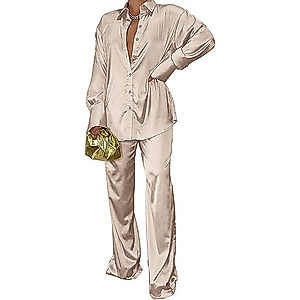 Ekouaer Womens Silky Loungewear Loose Satin Sleepwear Classic Long Sleeve Two Piece Pajama Set Champagne S