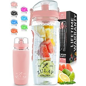 Zulay 34 oz Large, Leakproof Fruit Infuser Water Bottle With Sleeve And Anti-Slip Grip - Men and Women's Ideal Fitness Gift Or For Gym, Camping, and Travel - Cotton Candy Pink
