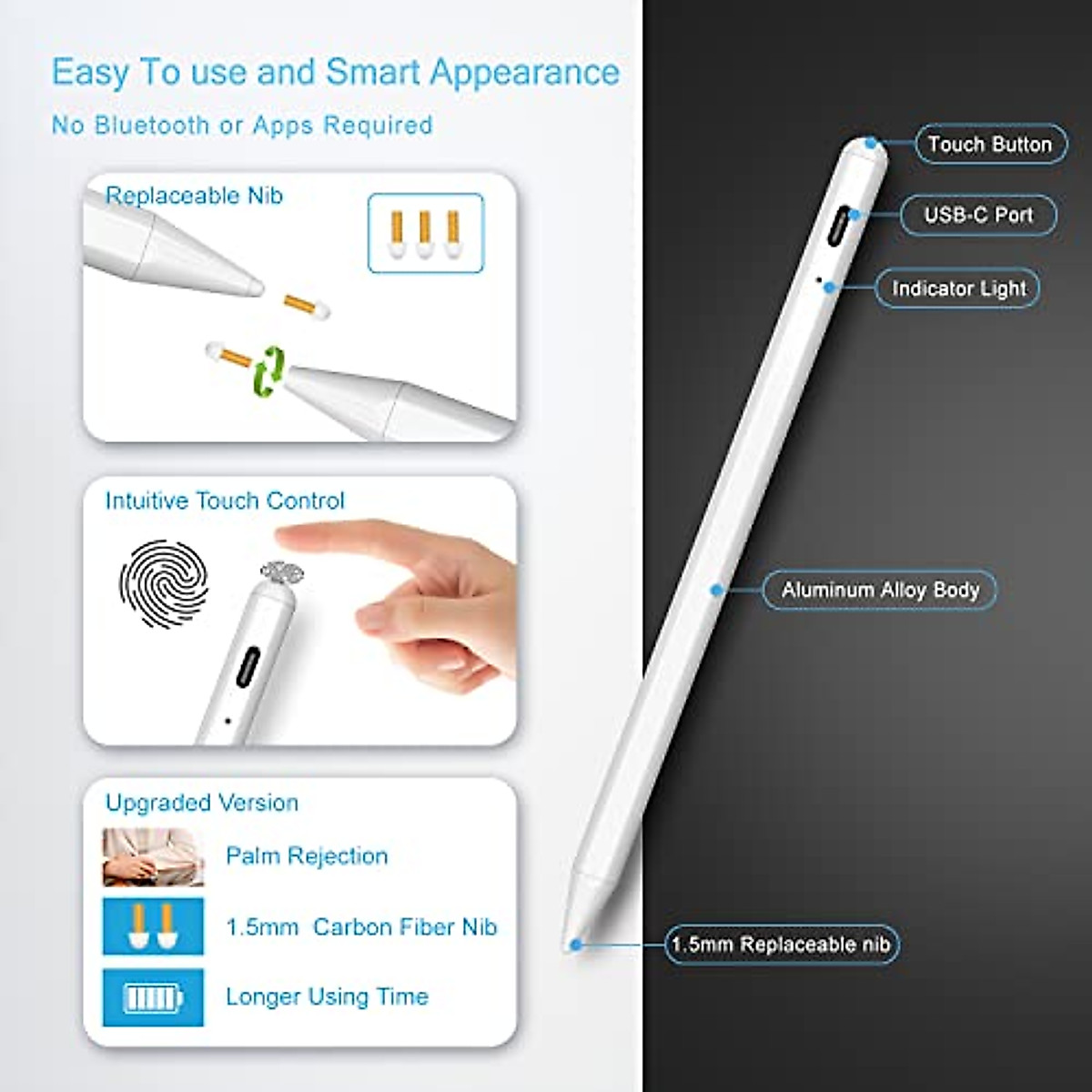 Stylus Pen for Apple iPad Pencil: Apple Pen for iPad (2018-2022) with Palm Rejection iPad Pen Compatible with iPad Pro 11/12.9 Inch iPad Air 3rd/4/5th Gen iPad 6/7/8/9th Gen iPad Mini5/6th Gen