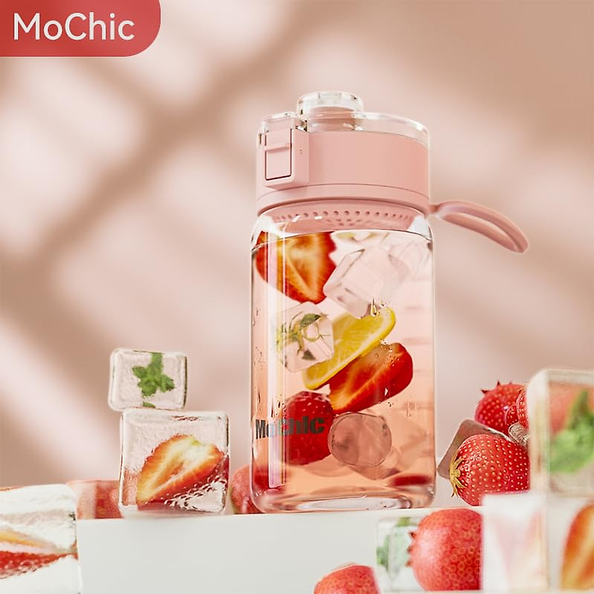 MOCHIC CUPWater Bottle 15oz Wide Mouth Water Bottle transparent Water Jug Leakproof Durable Removable Strainer for Fitness, Gym, Outdoor Sport (pink)