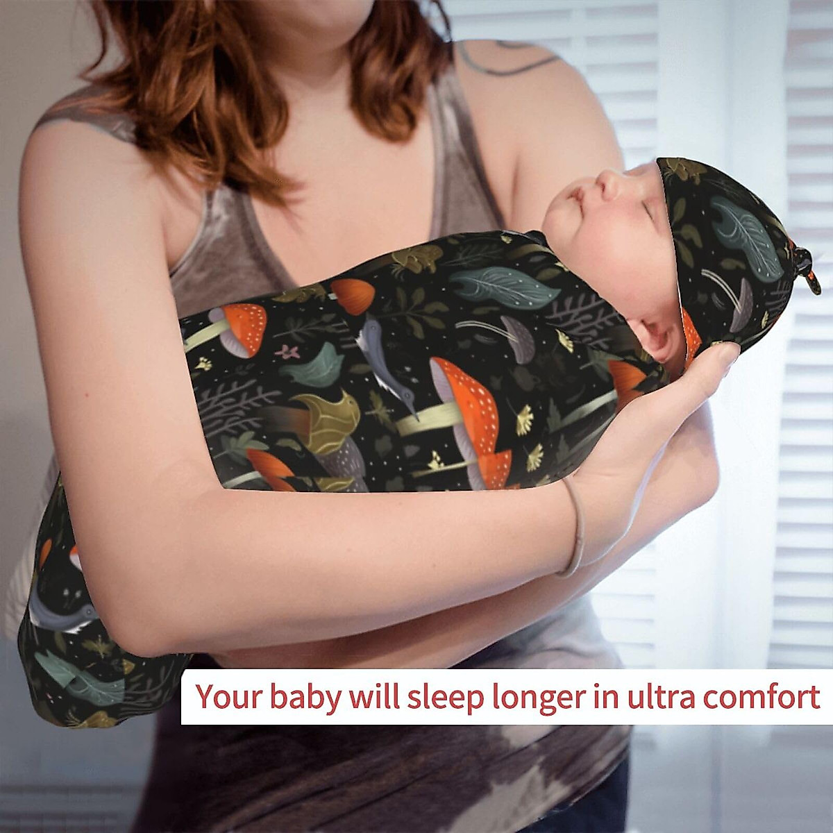 Newborn Swaddle Blanket Mushrooms and Birds Baby Sleep Sack with Beanie Set Soft Stretch Adjustable Wraps Receiving Blankets for Infant Boy Girl