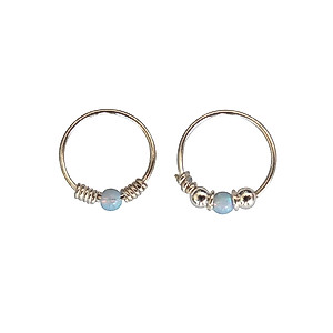 Handmade Silver 2Pcs 9MM Nose Ring Cartilage Helix Piercing Hoops with 2mm Blue Opal, 925 Sterling Silver Tiny 9MM Thin 22Gauge Hoop for women, by MiYa Jewelry