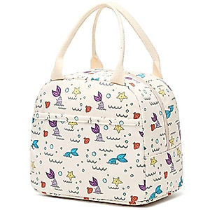 Lunch Bag Kids Girls Women Mermaid Lunchbag Cute Insulated Teens Cooler Tote Bag Reusable Adult Thermal Lunch Box for School Work Travel Picnic Hiking Beach (Beige)