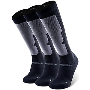 SHESMILED Merino Wool Ski Socks 3-Pack for Skiing, Snowboarding, Winter Thermal, Cold Weather Outdoor Sports Toe Warm, Knee High for Snow Boots, Cozy Cushion, Shin Padded, Large, Black