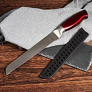 VSL VANSLENSON Kitchen Knife Set Paring Knife , 8" Serrated Bread Knife beautiful Red Knife with Sheath (Bread Knife)