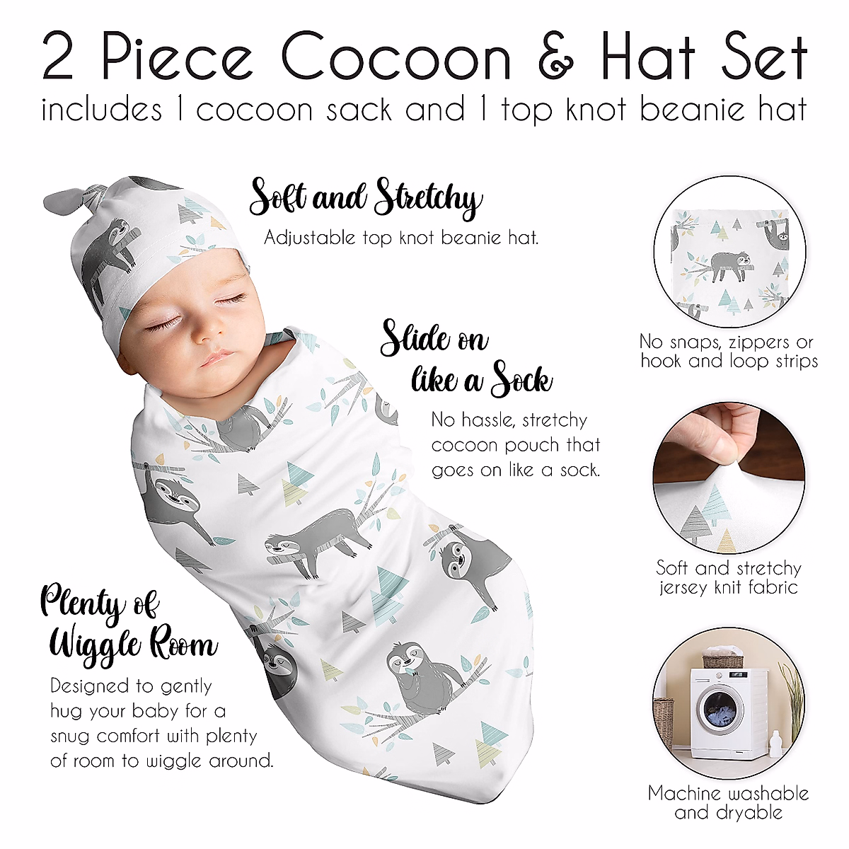 Sweet Jojo Designs Blue Jungle Sloth Baby Boy or Girl Cocoon and Beanie Hat Set Jersey Stretch Knit Sleeping Bag Infant Newborn Nursery Sleep Wrap Sack - Turquoise Grey Green Botanical Rainforest Leaf