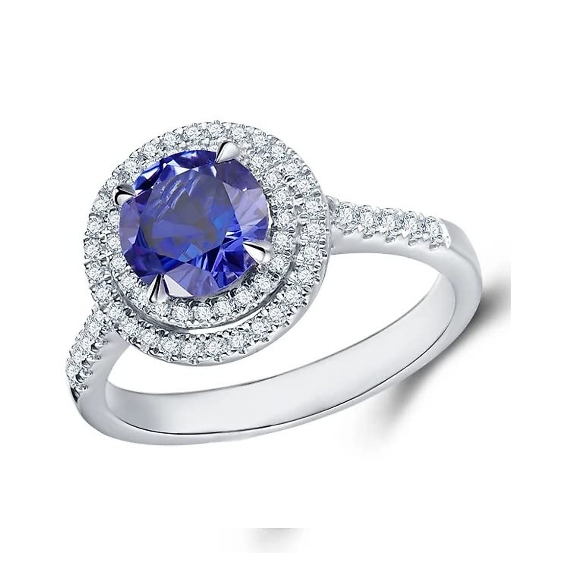 Intershine 925 Sterling Silver 14K White Gold Finish Prong Set 0.75 cts Round Cut Created blue Sapphire Gemstone Halo Ring for Women size-7.5