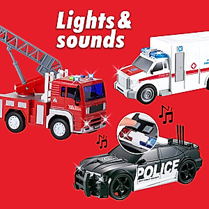 Dazmers Friction Powered City Hero Play Set Including Fire Engine Truck, Ambulance, Police Car for Kids, Boys and Girls - 3-Pack Emergency Vehicles with Light and Sound