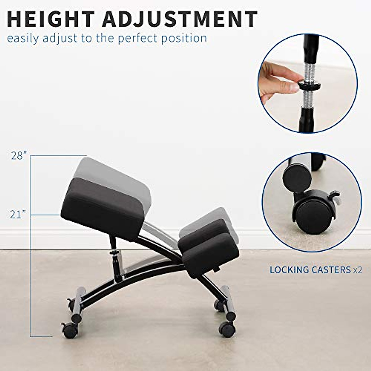 VIVO Kneeling Chair with Wheels, Adjustable Ergonomic Stool for Home and Office, Mobile Angled Posture Seat, Steel Frame & Black Cushions, CHAIR-K05B