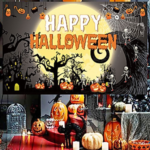 Famoby Happy Halloween Theme Fabric Sign Poster Banner Backdrop with Pumpkin,Ghouls, bat,spide,Moon for Halloween Photo Booth Background Party Decoration