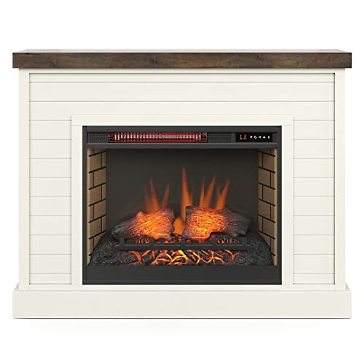 Bridgevine Home Electric Fireplace Mantel with Accent Wood Shelf and Surround, Realistic Logs and Flame Effect, Fireplace TV Stand, Adjustable LED Electric Heater with Remote Control, 48 Inch, White