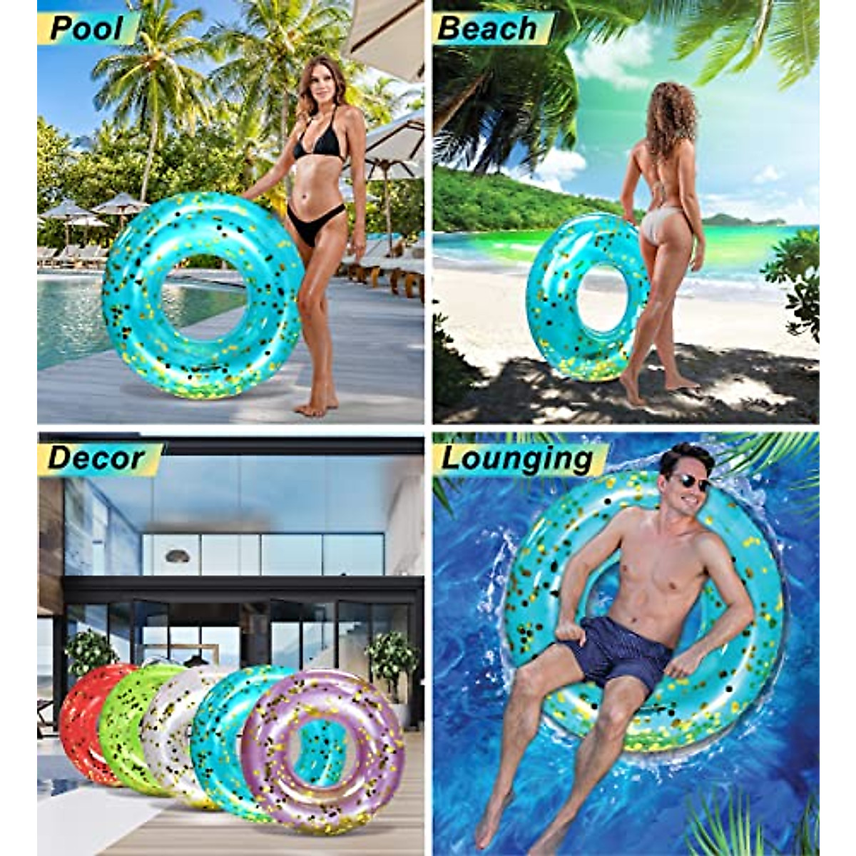 CoTa Global Inflatable Blue Gold Pool Float Tube - Luxurious Fun Lounger Filled with Sparkle Gold Confetti, Cool Blue Gold Design, Water Swimming Ring Pool Floaties for Beach and Pool - 36 Inches