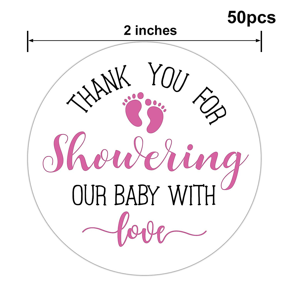 K-Musculo Pink Little Feet Baby Shower Stickers, Thank You for Showering Our Baby with Love Stickers, Baby Shower Favors for Girls, Baby Shower Favor Labels, 2 Inch, Pack of 50.