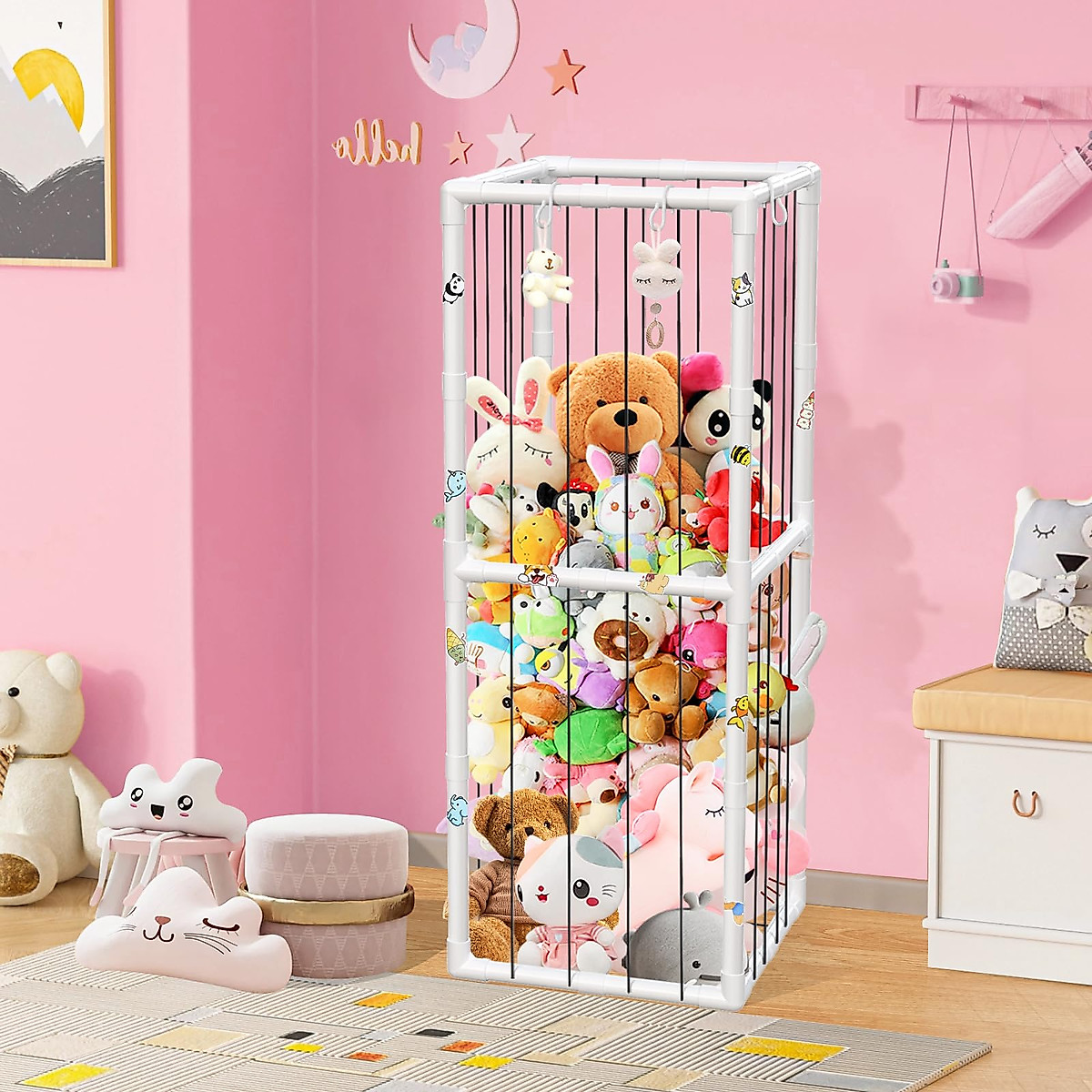 sunoyar Plush Stuffed Animal Storage Holder, Large Capacity Zoo Storage Cage Organizer, Animal Holder Organizer with Bottom Net for Nursery Play Room Bedroom Decoration