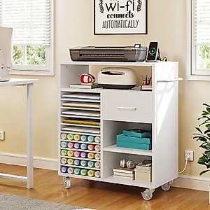 DWVO Craft Organizers and Storage Cart Compatible with Cricut Machine, Craft Rolling Storage with Charging Station & Vinyl Roll Holder, Crafting Table Workstation for Home Office