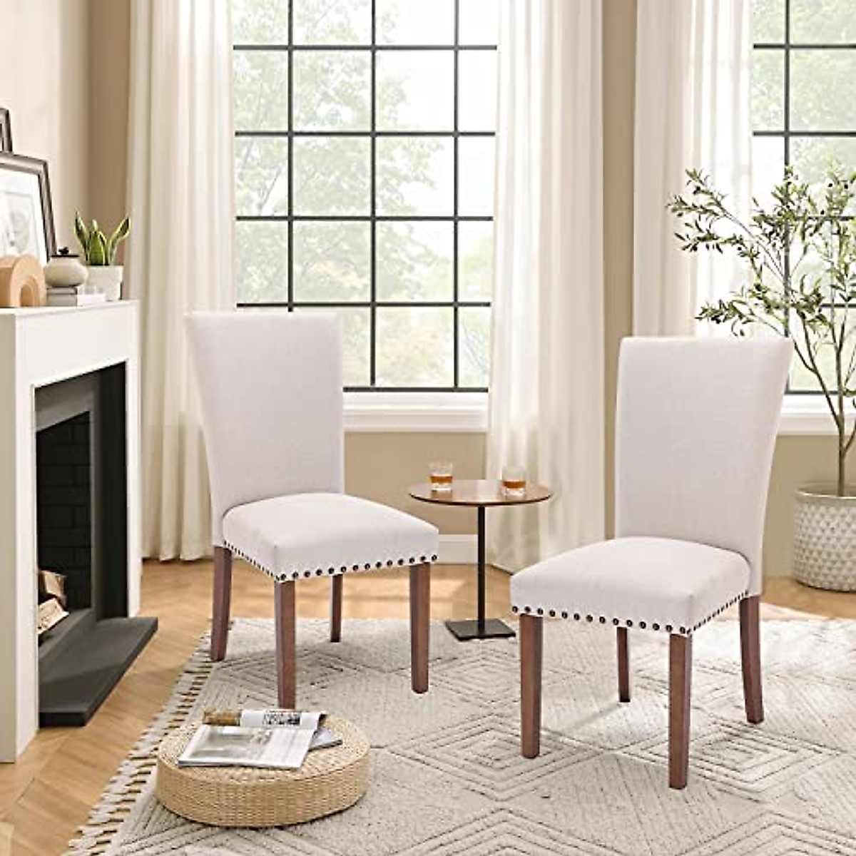 Parsons Dining Chairs Set of 4, Upholstered Nailhead Dining Room Kitchen Side Chair with Thick Cushions and Wood Legs, Beige