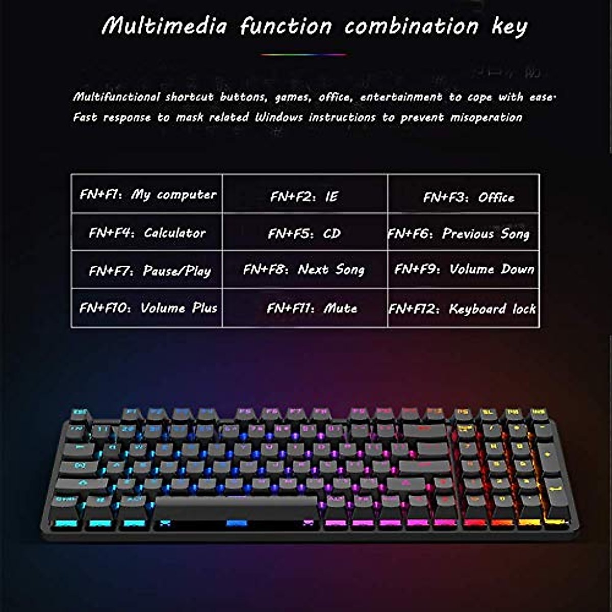 Mechanical Gaming Keyboard Compact 98 Key， Red Switches ， Custom Made chip Computer Keyboard -USB Connection Multi-Color Rainbow programmable RGB with Red Switches,for Windows PC Gamers