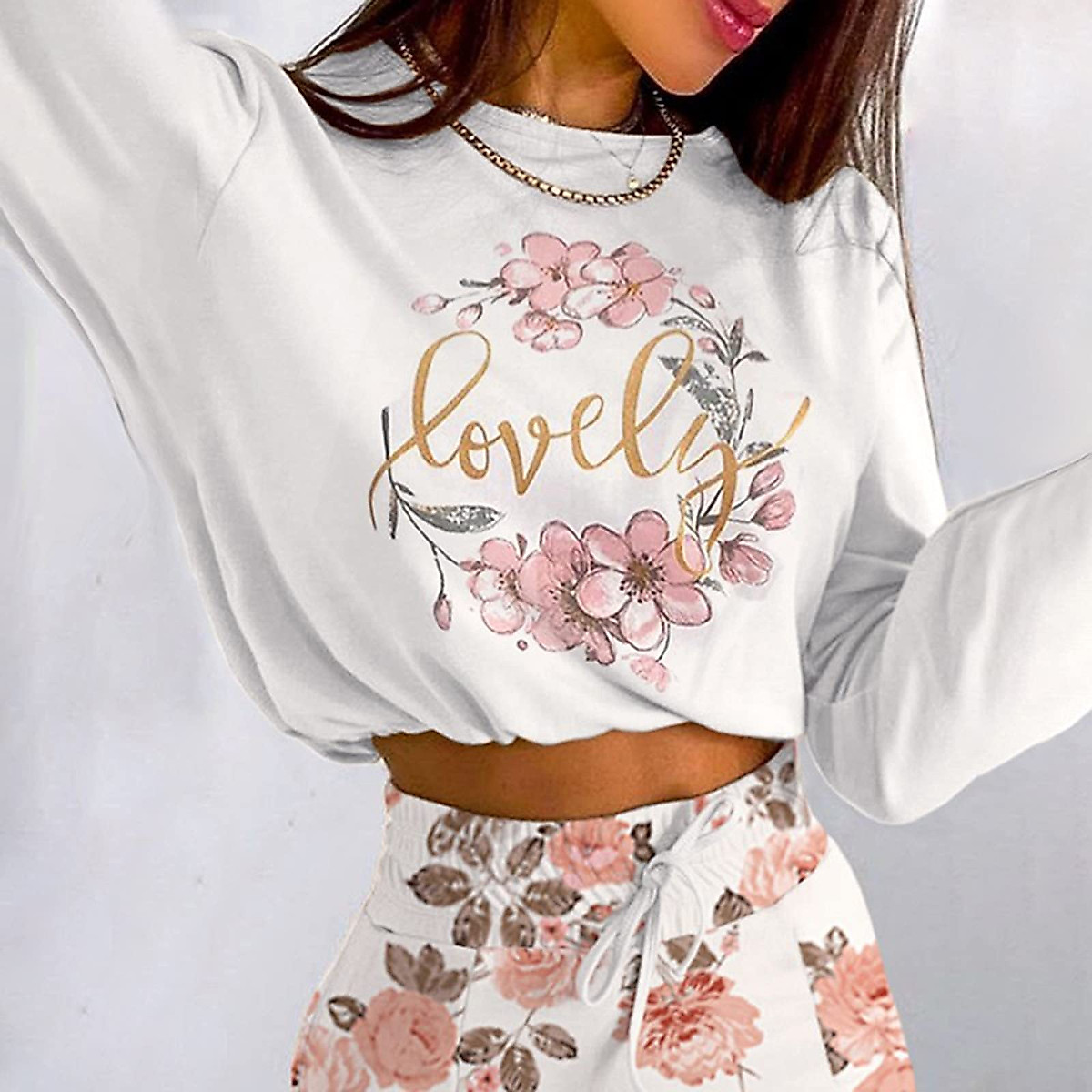 Aniywn Women's Casual 2 Pieces Outfits Solid Long Sleeve Crop Top Printing Bodycon Midi Skirt Dress Tracksuits Set