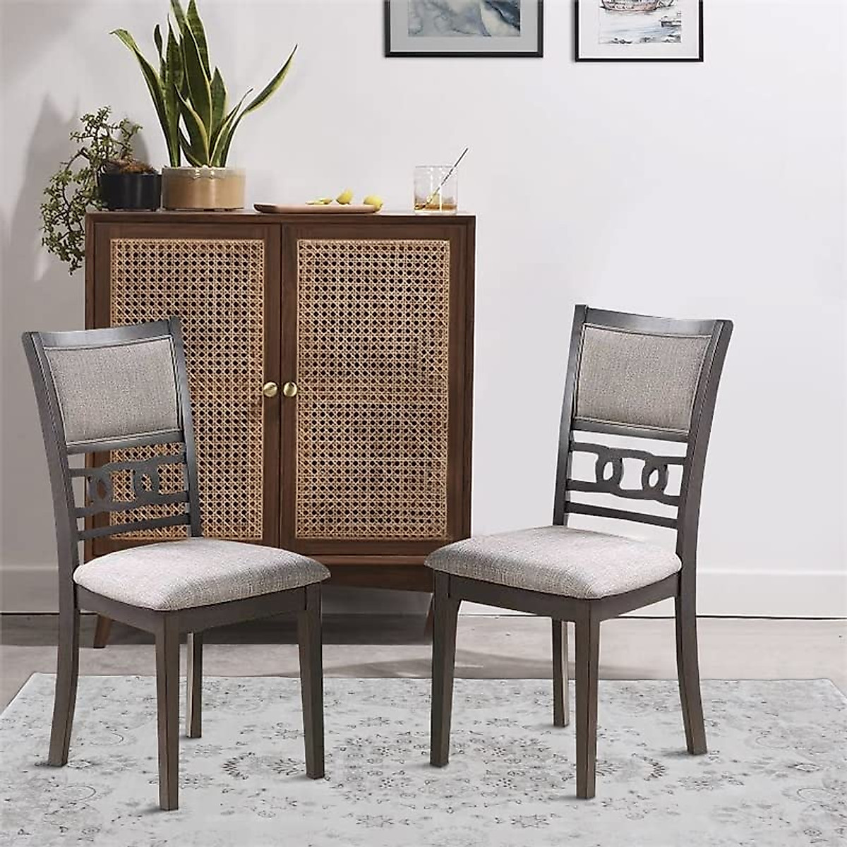 Benjara Fabric Upholstered Dining Chair with Knot Cut Out Back, Set of 2, Gray