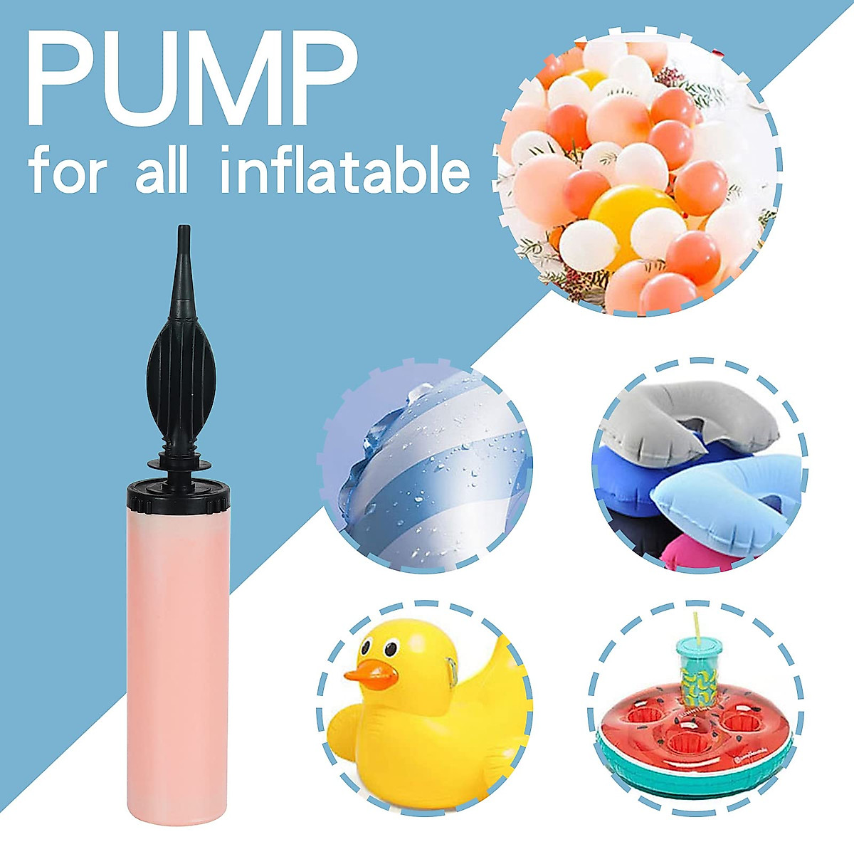 Balloon Pump Hand Held 2 Pack 2-Way Dual Action Inflator Air Pump for Balloons, Manual Balloon Inflators Machine with 100pcs Balloons, 32.8Ft Tape Strip, 2pcs Tying Tool, 200 Dot Glue for Party DIY