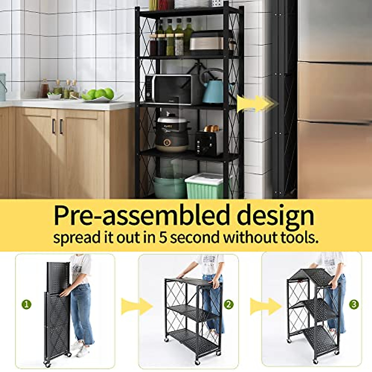 Mochubang Foldable Storage Shelves Unit, 5 Tier Folding Shelf Steel Shelving Rack with Wheels for Mobile Storage in Kitchen, Warehouse, Closet, Patio, Pantry, No Assembly, 1250 lbs Capacity, Black
