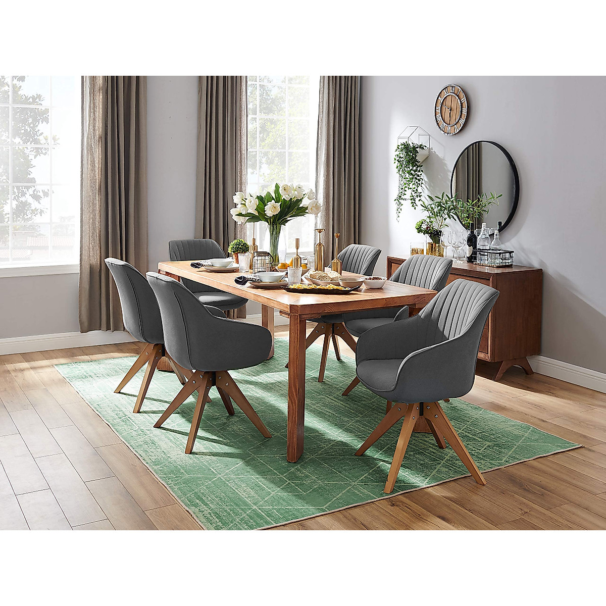 Art Leon Mid-Century Modern Swivel Accent Chair with Beech Wood Legs, Grey Upholstered Cute Desk Chair Without Wheels for Home Office Living Room Bedroom