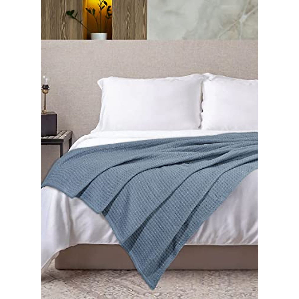 HILLFAIR 100% Cotton Throw Blankets- 50 x 60 inch- Skin Friendly, Soft, Lightweight and Breathable Throw Blanket Luxury Cotton Throws for Bed, Couch and Sofa, All Season Cotton Throw Blankets- Blue