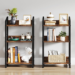 Hosfais Book Shelf Small Bookshelf: 3 Tier Bookshelf with Edge Protection, Metal and Wood Bookshelves Book Case for Small Spaces Bedroom Home Office (Rustic Brown)