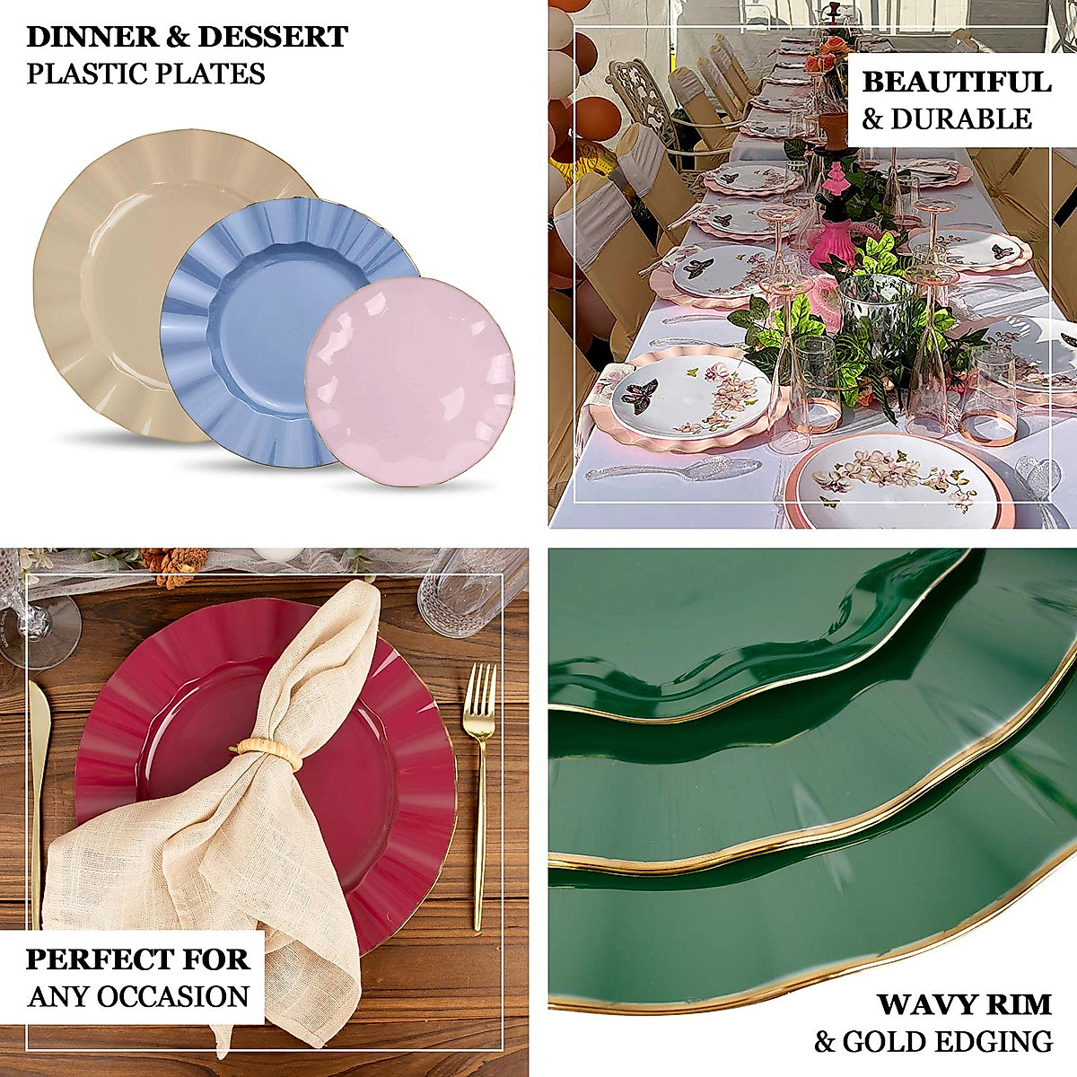 Efavormart 10 Pack | 11" Taupe Large Hard Plastic Dinner Plates With Gold Wavy Rim, Heavy Duty Disposable Dinnerware