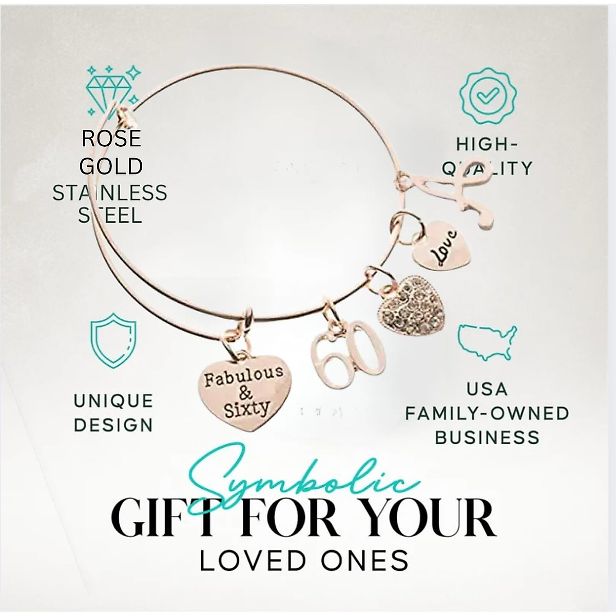 Infinity Collection 60th Birthday Charm Bracelet – Rose Gold Adjustable Bangle with Fabulous & Sixty Charms – Gift for Women – Includes Velvet Jewelry Pouch