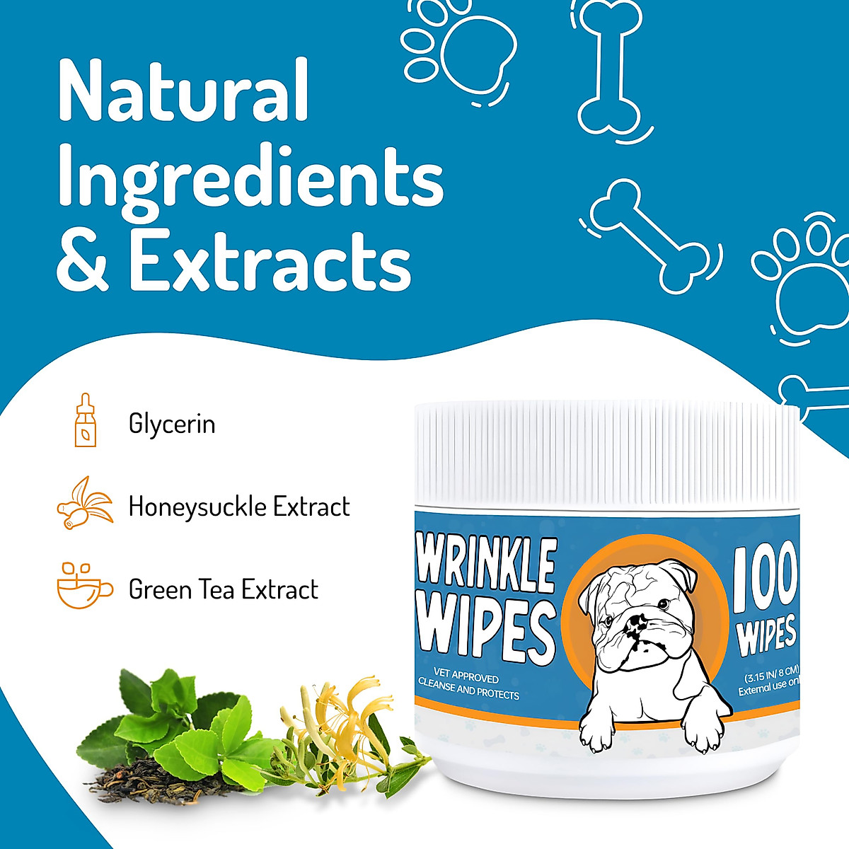 Bulldog Wrinkle Wipes, Cleaning & Soothing + Dog Ear Finger Wipes, Remove Debris, Wax and Odor