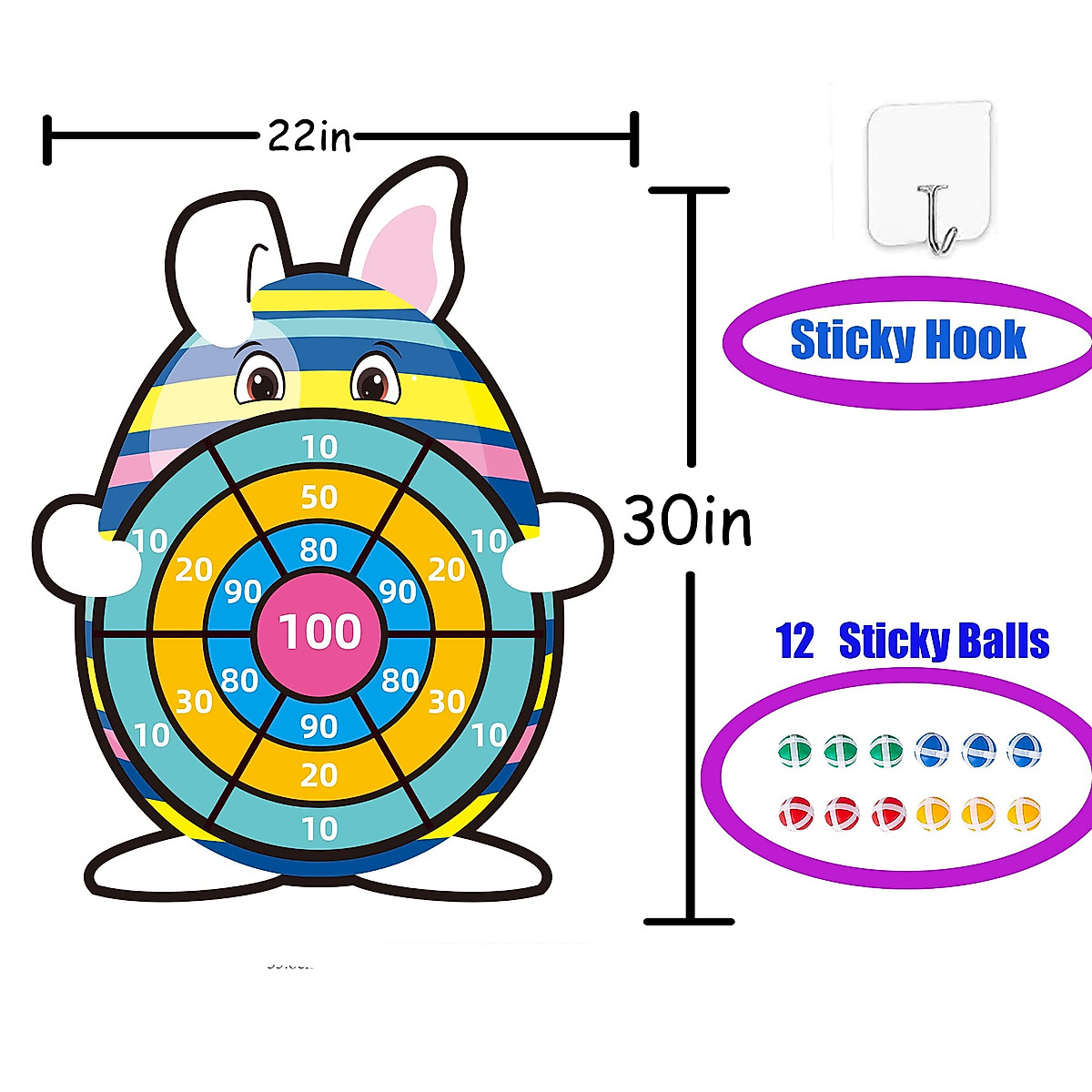 HONGID Easter Basket Stuffers,30" Bunny Dart Board With 12 Sticky Balls,Easter Eggs Filled,Easter Theme Party Favor,Easter Gifts for Boys Girls - Outdoor Indoor Kids Toys-Easter Decor Decorations