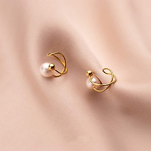 Dainty Pearl Ear Cuffs Wrap Earrings Sterling Silver 14K Gold Plated Cross Criss Cartilage Huggie Hoop Stud Earrings Non Piercing Minimalist Jewelry Cute Gifts for Women BFF