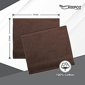 KEEPOZ [24 Pack Wash Cloths Set (12 x 12 Inches) | 100% Cotton Ring Spun Cotton | Soft and Fluffy | Highly Absorbent Fade Resistant Essential Washcloths for Bathroom, Gym, Spa and Face Towel (Brown)