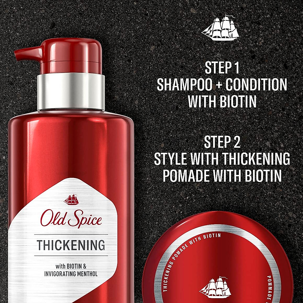 Old Spice Men's Thickening 2-in-1 Shampoo and Conditioner with Biotin and Menthol (17.9 Fl Oz) & Thickening Styling Pomade Infused with Biotin Bundle (2.22 Oz)