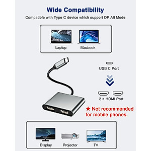 Dnkeaur HDMI Adapter for Dual Monitors,USB C to Dual HDMI Adapter 4K,Type C to HDMI Dual Monitor,USB C Splitter 2 Monitors Extended Display,HDMI Monitors Docking Station for Laptop (Only for Windows)