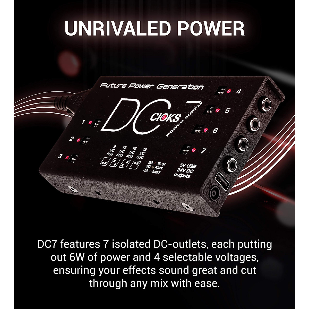 CIOKS DC7 Future Power Generation 9V / 12V / 15V / 18V DC Universal Power Supply with 7 Isolated Outputs and 5V USB Outlet for Effect Pedals